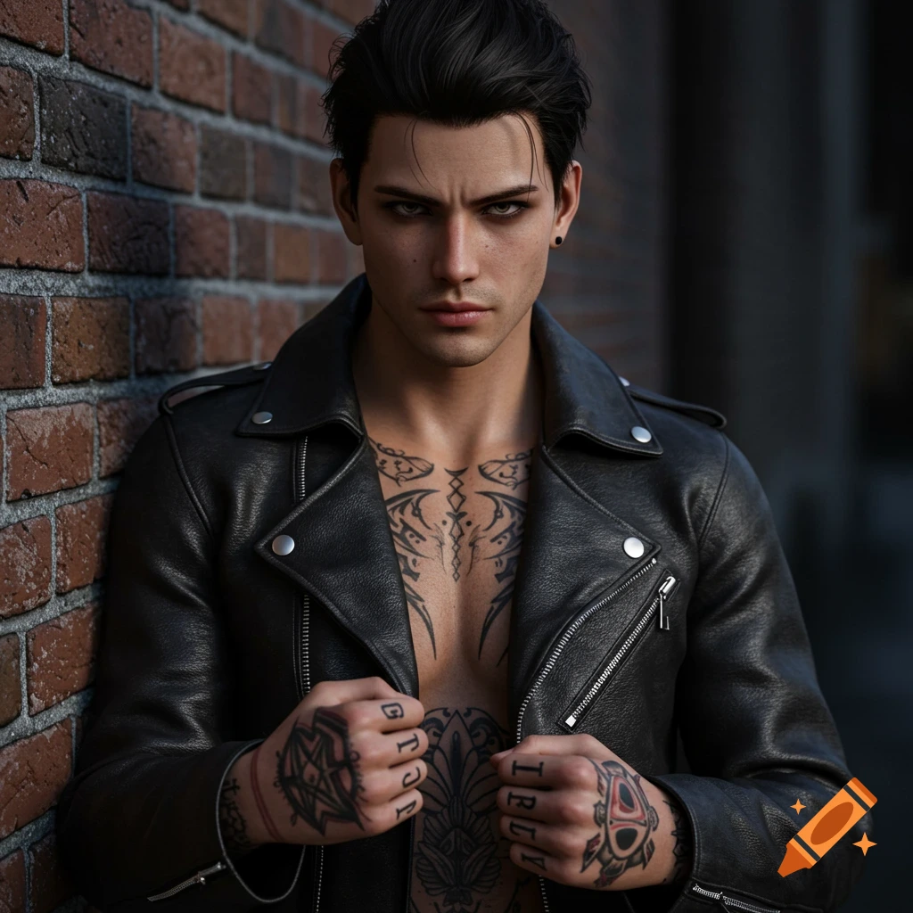 Dark-haired guy in leather jacket with Rook tattoo on Craiyon
