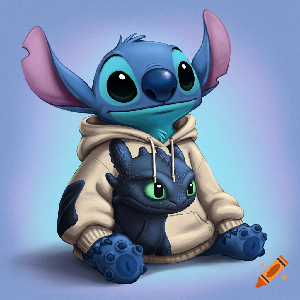 Stitch wearing a hoodie with Toothless on it on Craiyon