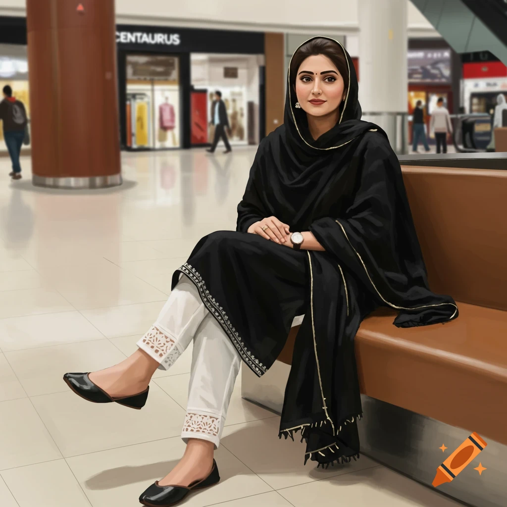 Pakistani woman in black kameez and white shalwar sitting in Centaurus ...
