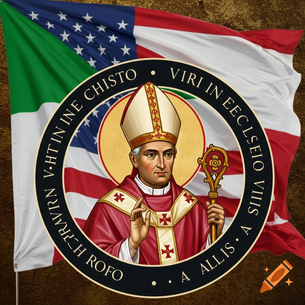 Bishop Ambrose with American and Italian flags and Latin text on Craiyon