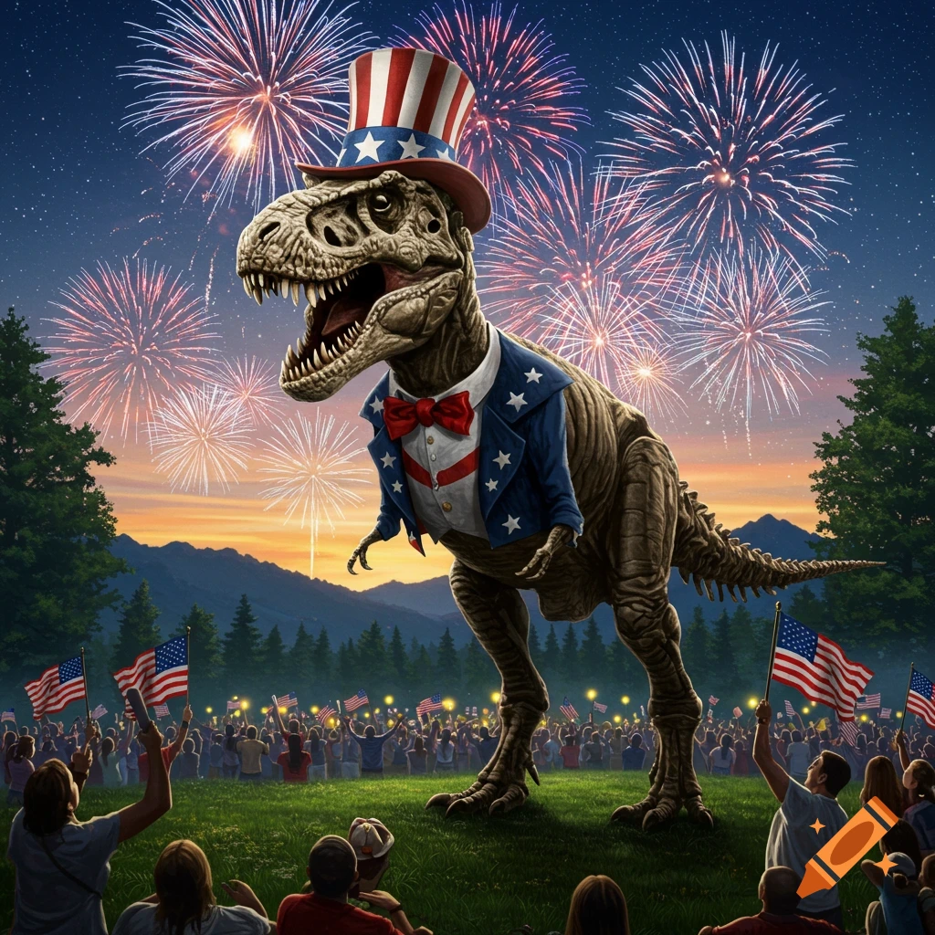 A T-Rex in an Uncle Sam costume watches fireworks with a crowd on the ...