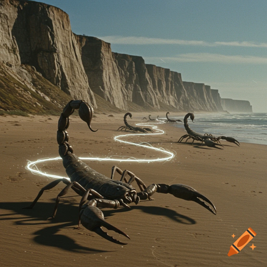 CGI giant scorpions crawling on a barren beach on Craiyon