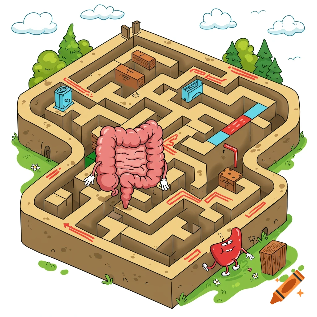 Cartoon illustration of a colon character and a spleen/liver character ...