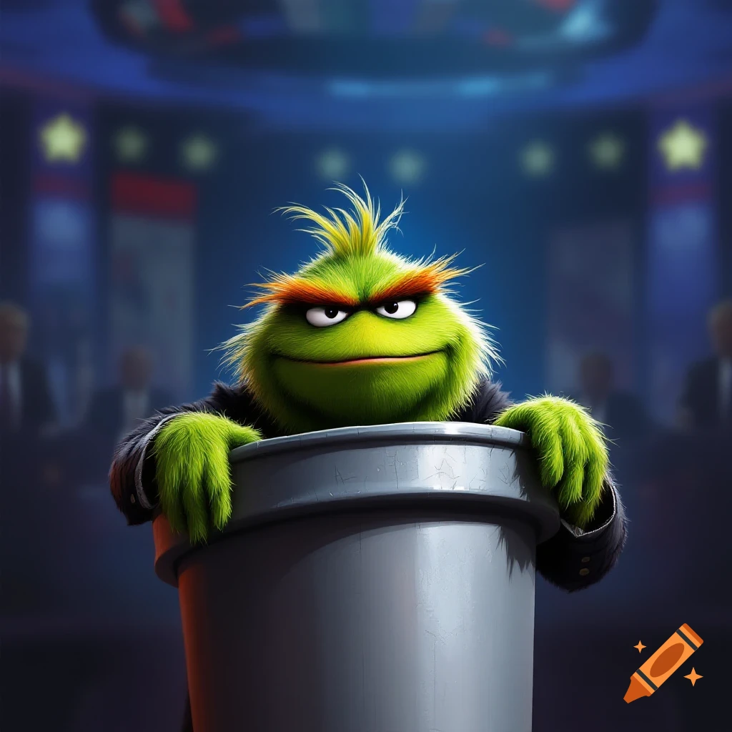 Green furry character in a trash can wearing a suit during a debate on ...
