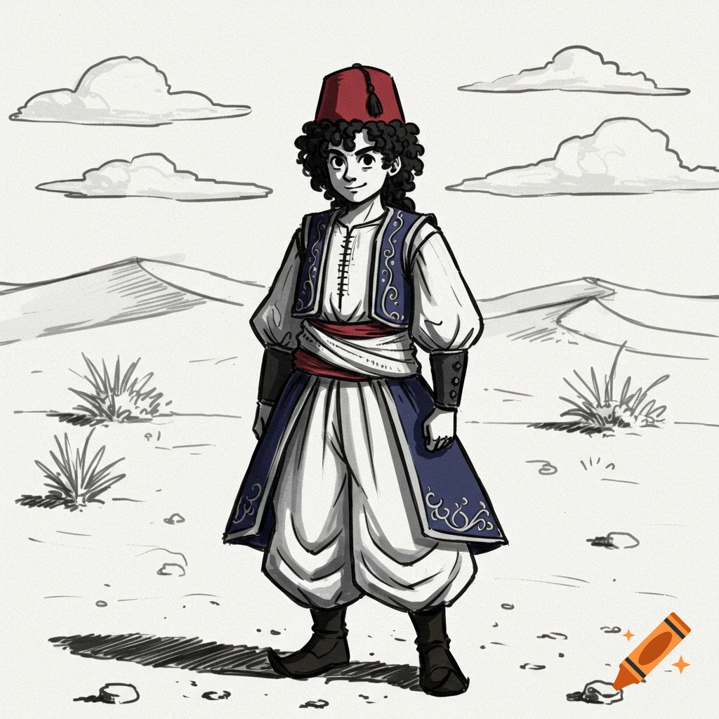 Dragon Quest style pencil sketch of a young Middle Eastern man with ...