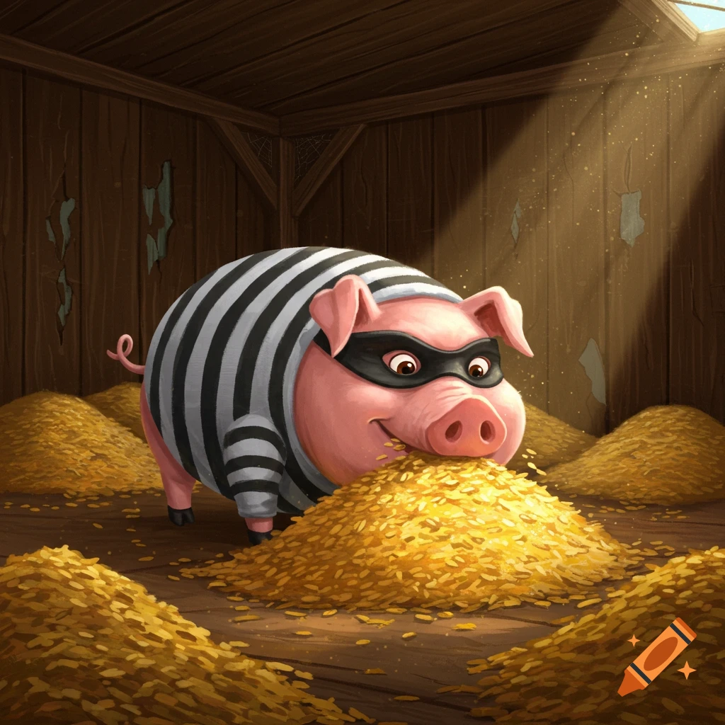 Pig in burglar outfit eating grains on Craiyon