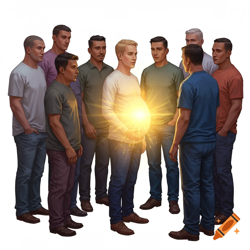 Nine men surrounding a pregnant man with light emanating from his belly ...