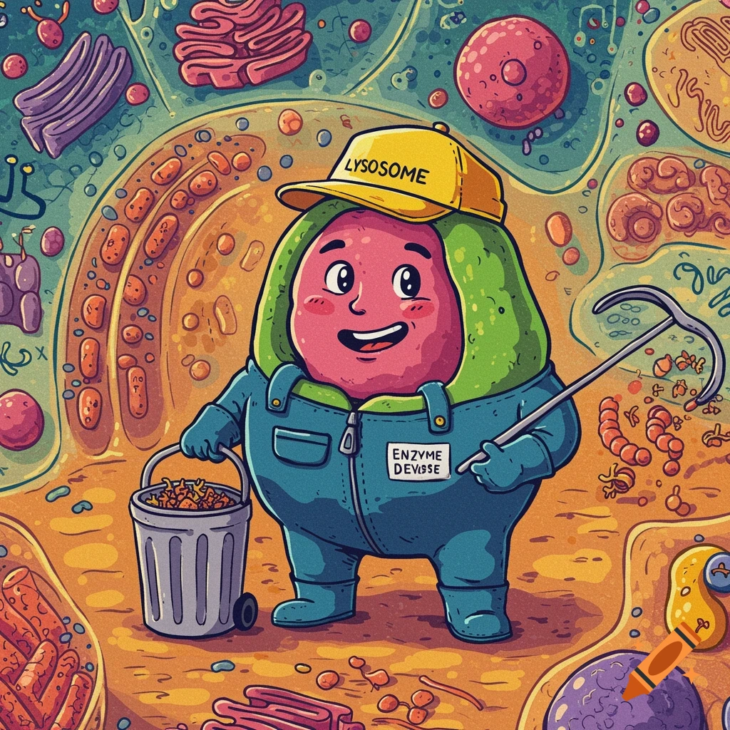 Cartoon lysosome cell character dressed as a garbage man holding trash ...