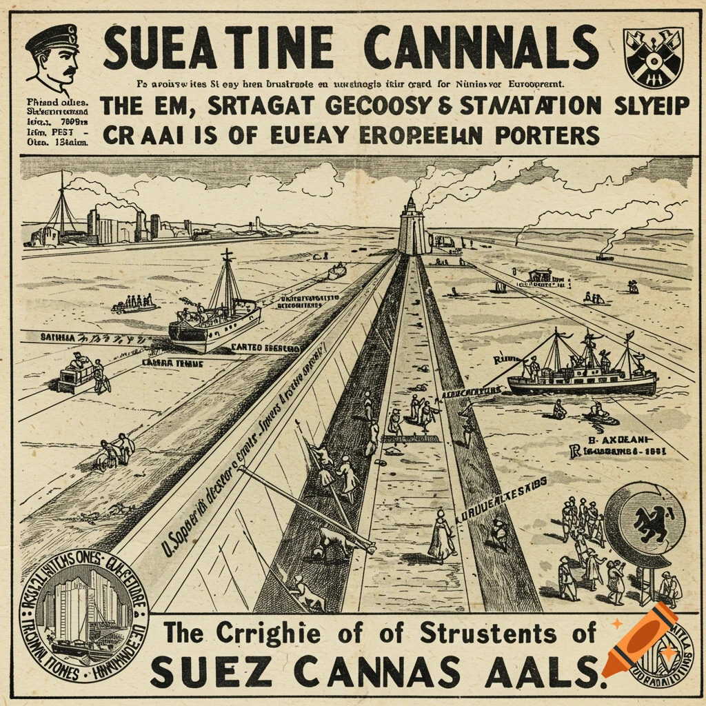 Political cartoon illustrating the strategic importance of the Suez ...