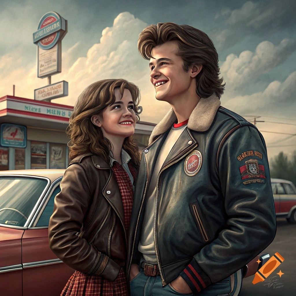 Steve Harrington and Nancy Wheeler from Stranger Things during seasons 1 and 2 on Craiyon