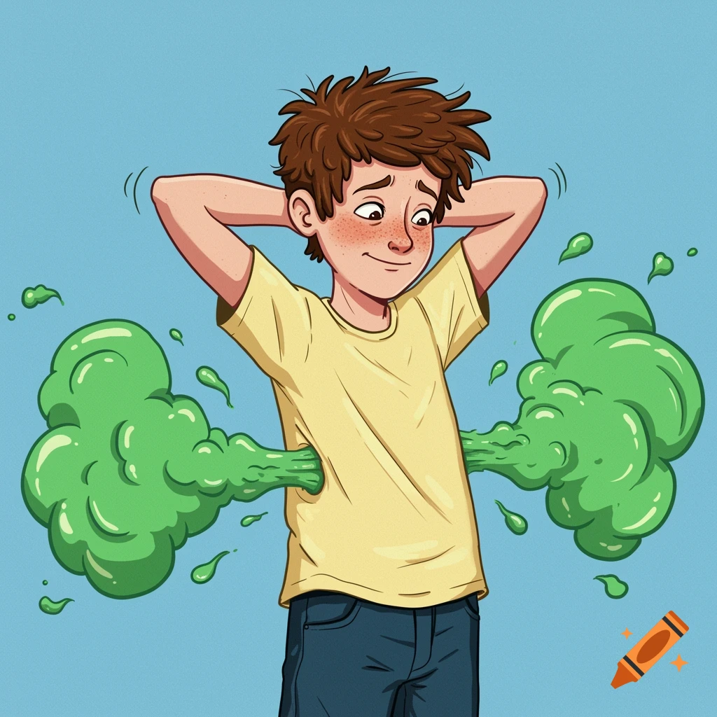 Teenage boy embarrassed by body odor with green gas on Craiyon
