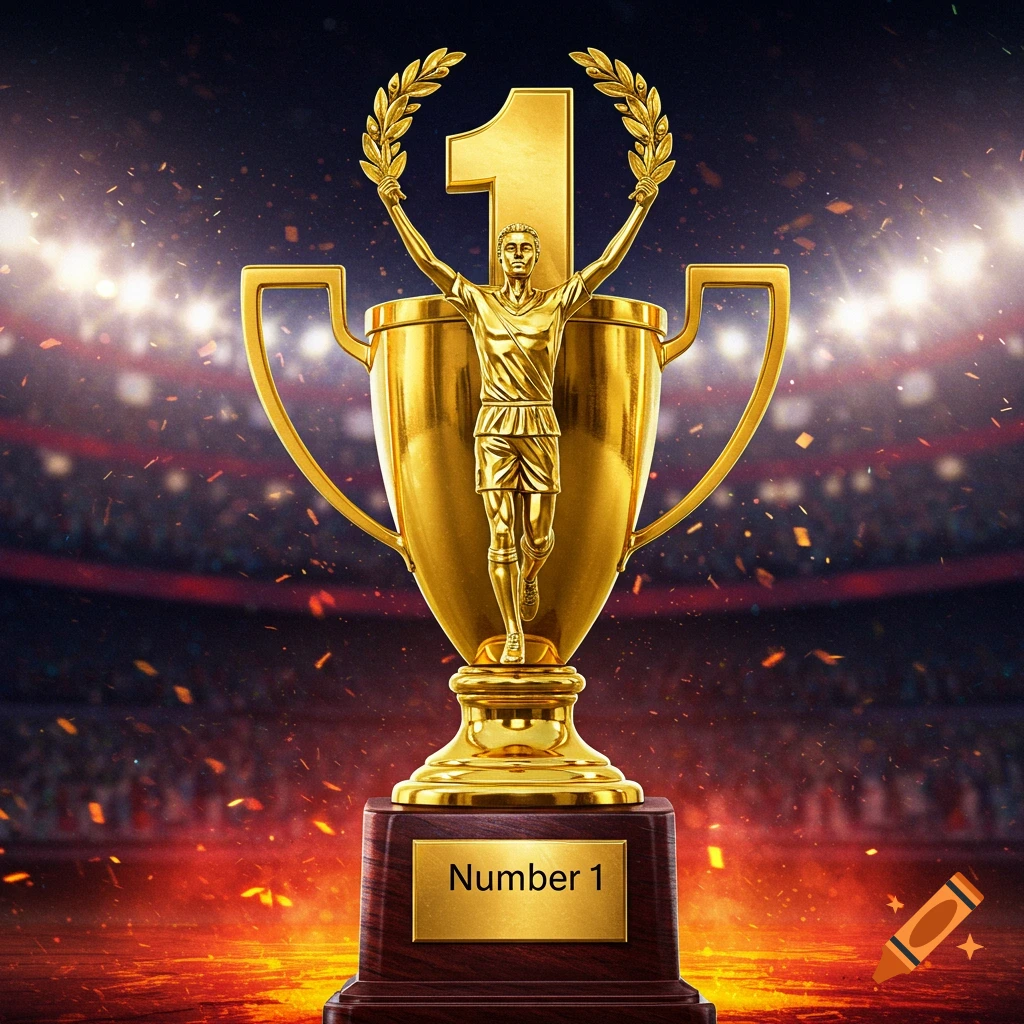 A gold trophy with a figure holding up the number 1, in a stadium. on ...