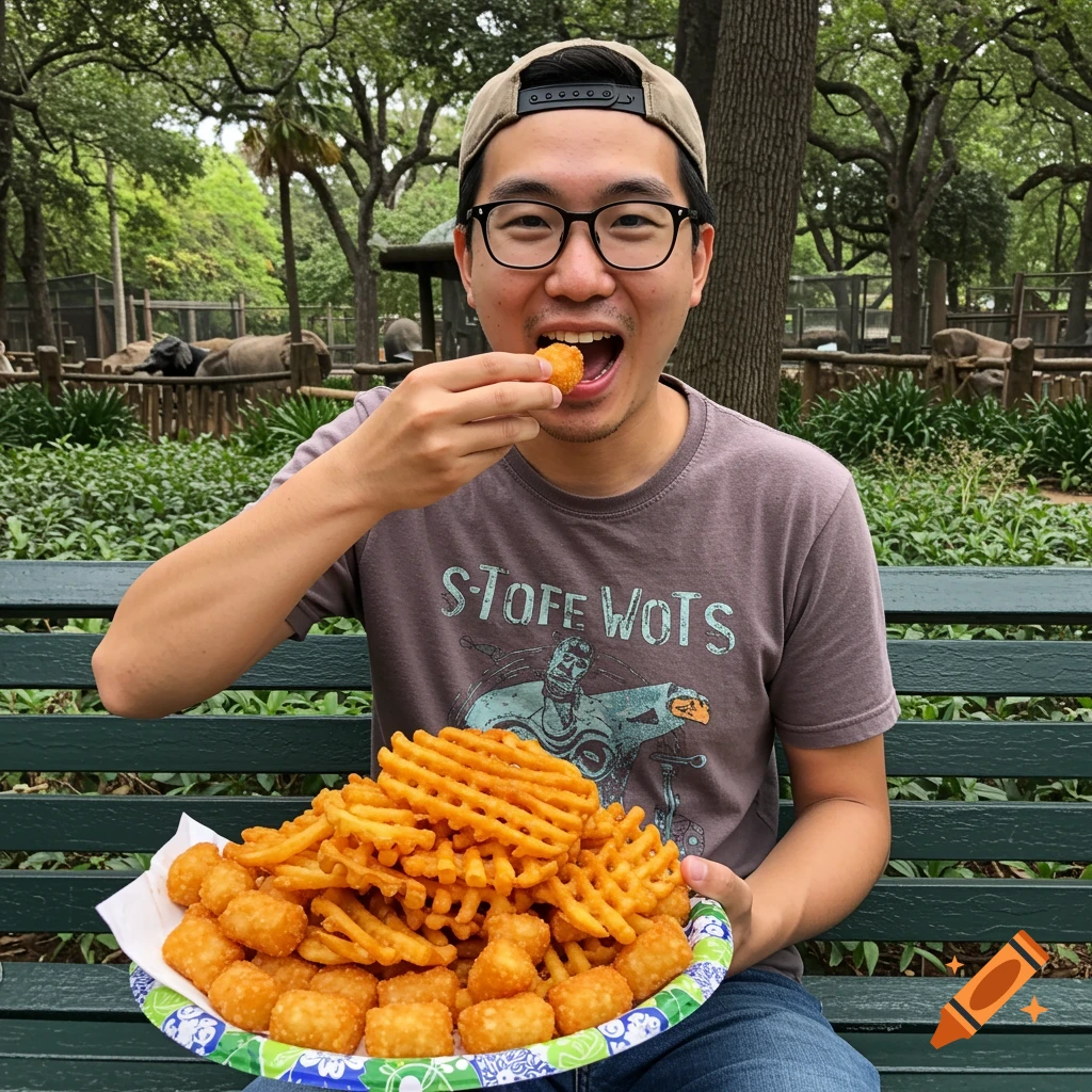 Asian man with glasses eating tater tots at the zoo on Craiyon