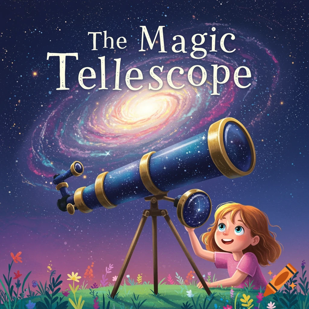 Book cover for a children's book about "The Magic Telescope" on Craiyon