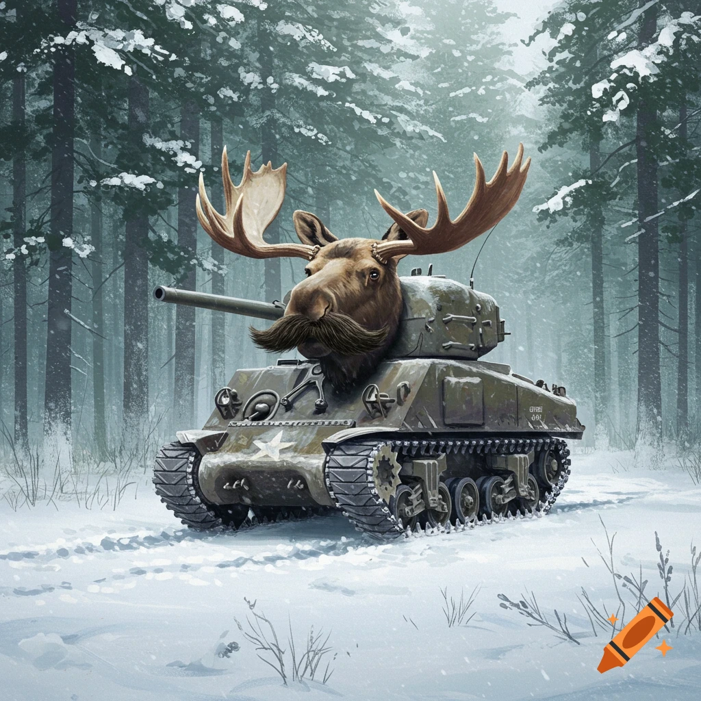 Tank in snowy forest with moose head and mustache on Craiyon