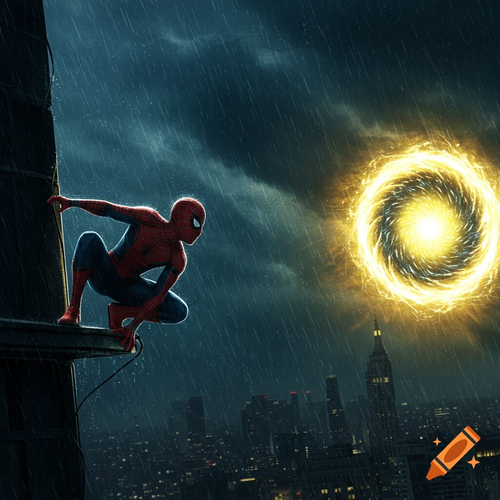 Spider-Man on building with portal and rain on Craiyon