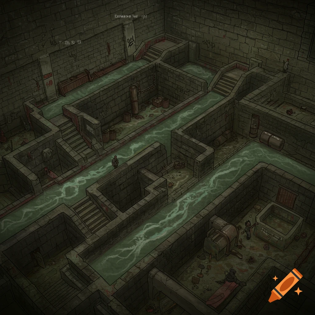 Top-down view of a grimy underground sewer system with stone and brick ...