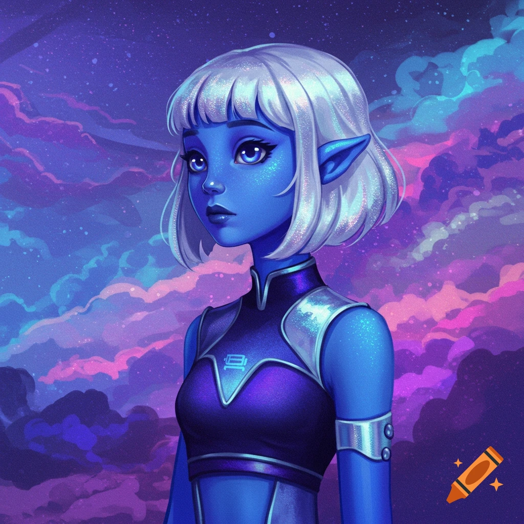 Anime girl elf with blue hair and purple skin wearing winter coat and princess crown on Craiyon
