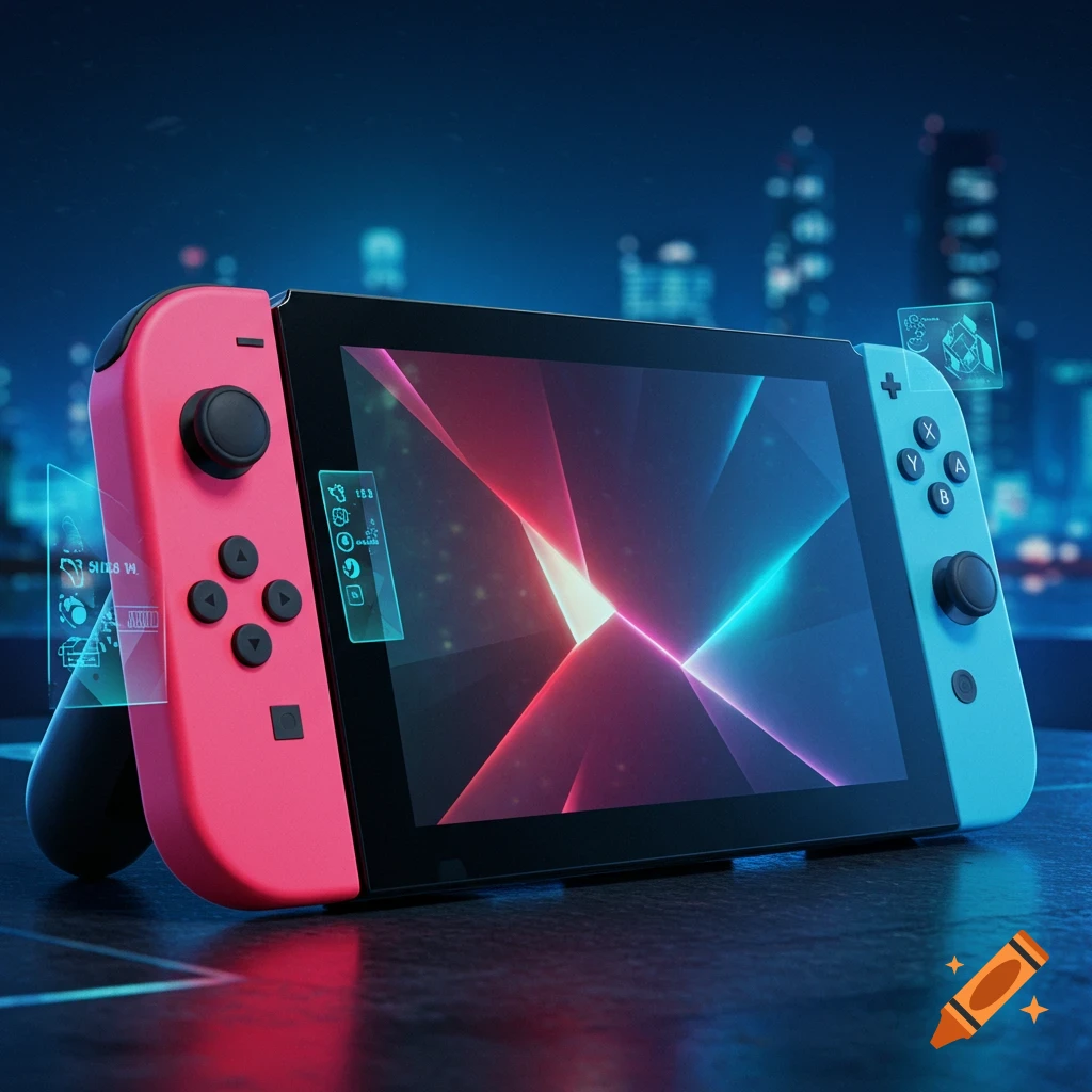 Hands hold a light blue Nintendo Switch in a futuristic city with ...