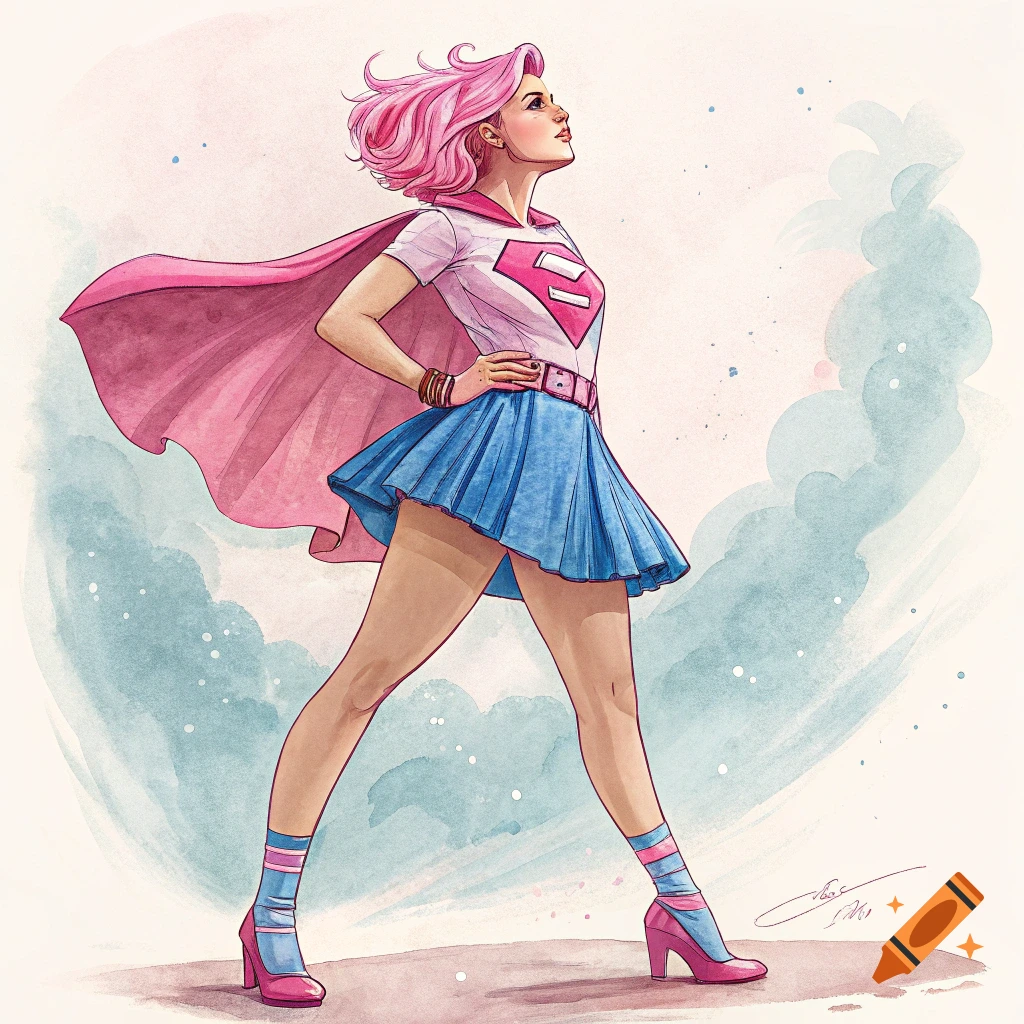 Woman with pink hair and short skirt, pink and blue theme on Craiyon