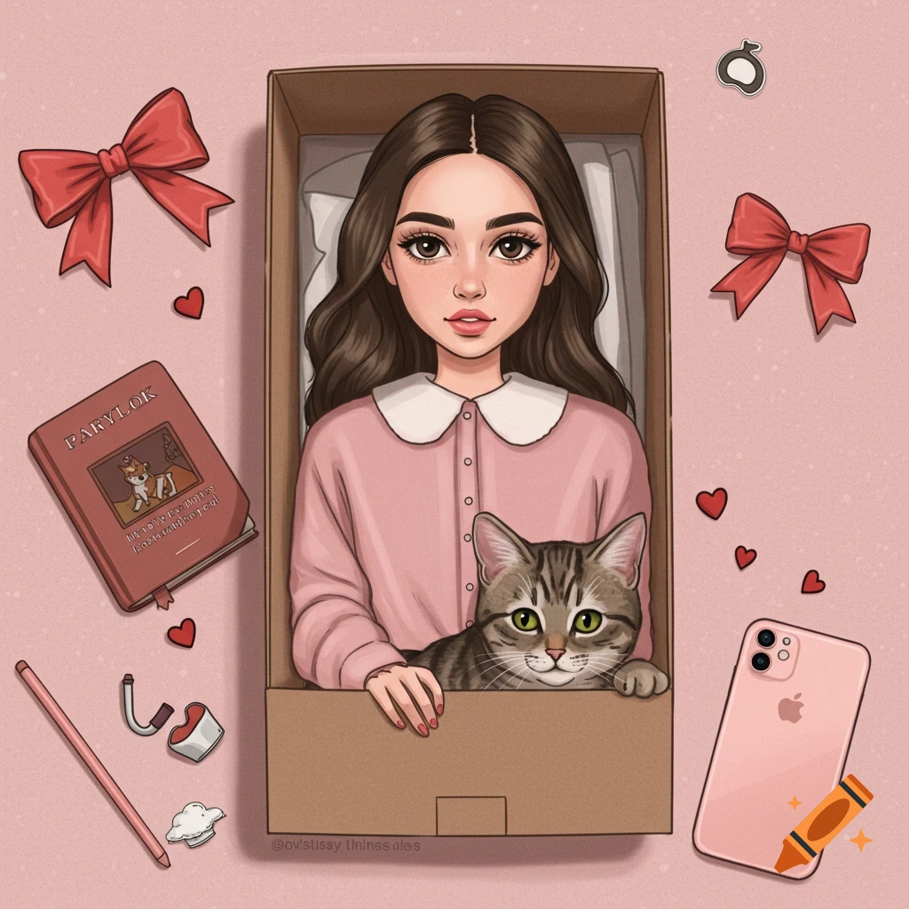 Illustration of a girl in a box with a tabby cat, book, bow, and phone ...