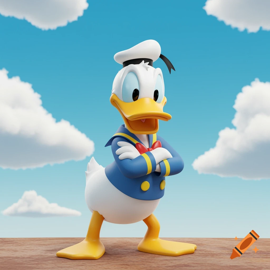 Donald Duck with large, scaly T-Rex arms flexing his biceps under a ...