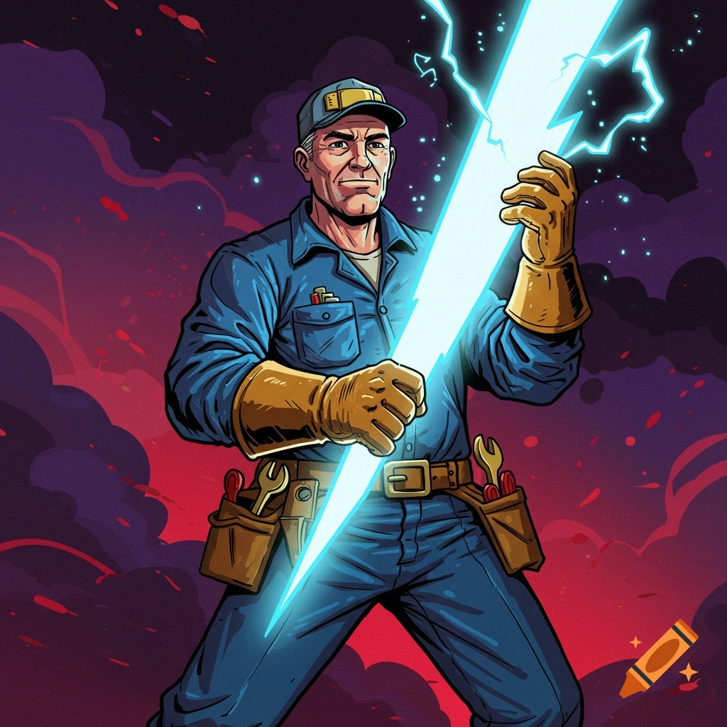 Comic art of an electrician holding a lightning bolt on Craiyon