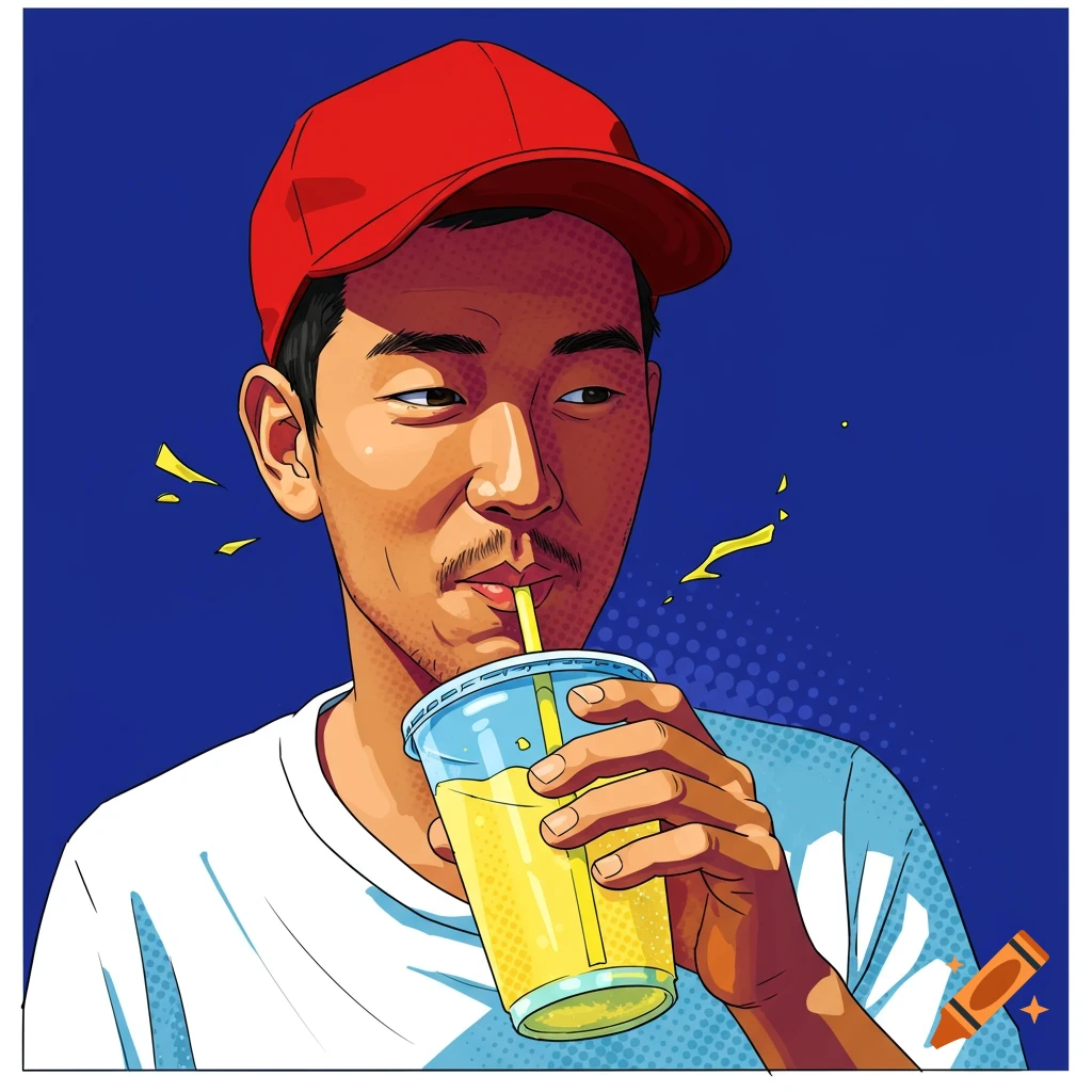 Man in red cap drinking yellow liquid with straw on Craiyon