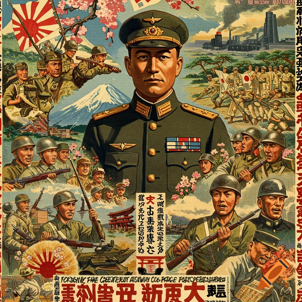 A vintage style poster depicting a Japanese military officer centered ...
