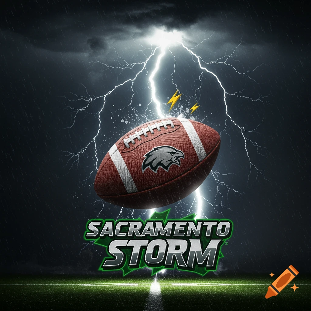 Digital art of a football with a logo above a field during a lightning ...