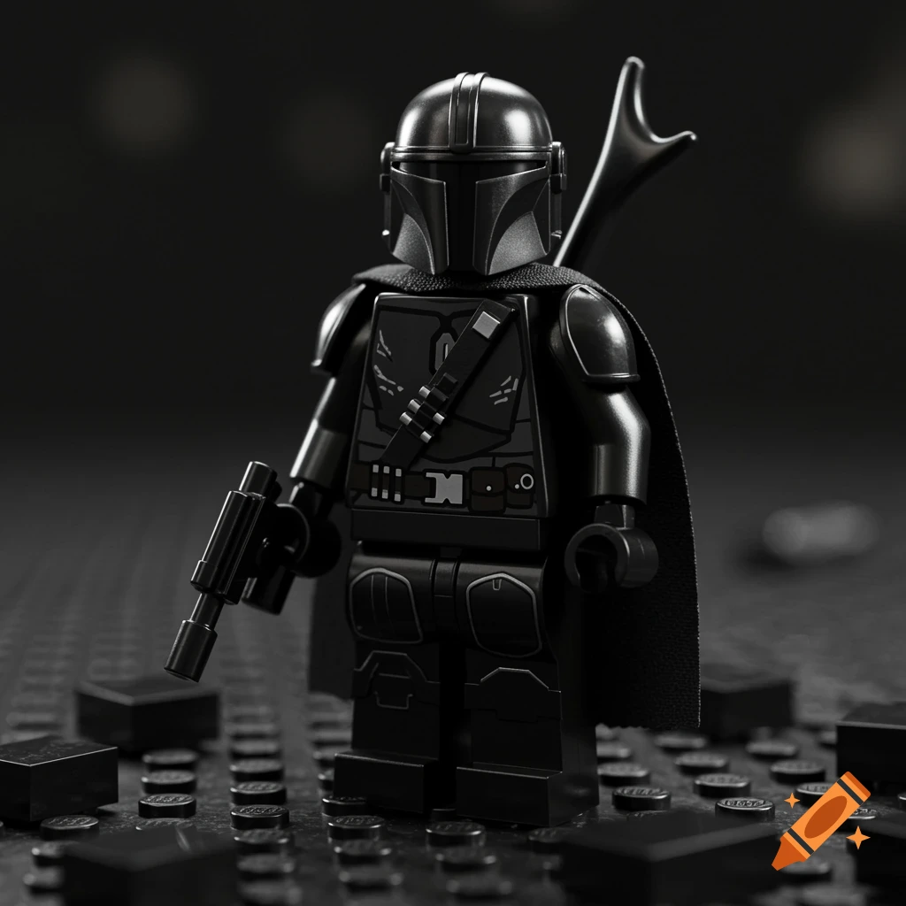 A black LEGO Mandalorian-style figure stands holding a blaster in a ...