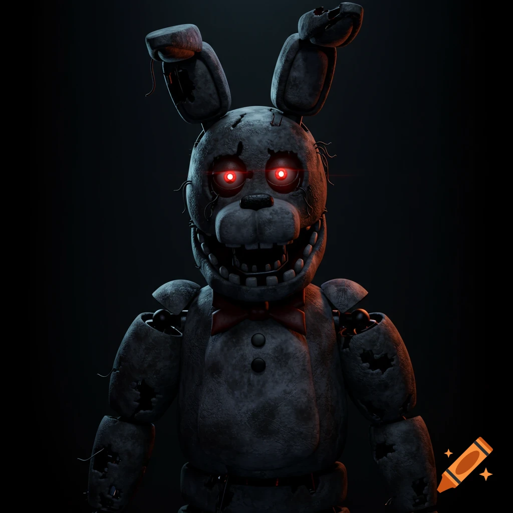 Rusty rabbit animatronic with red eyes on Craiyon
