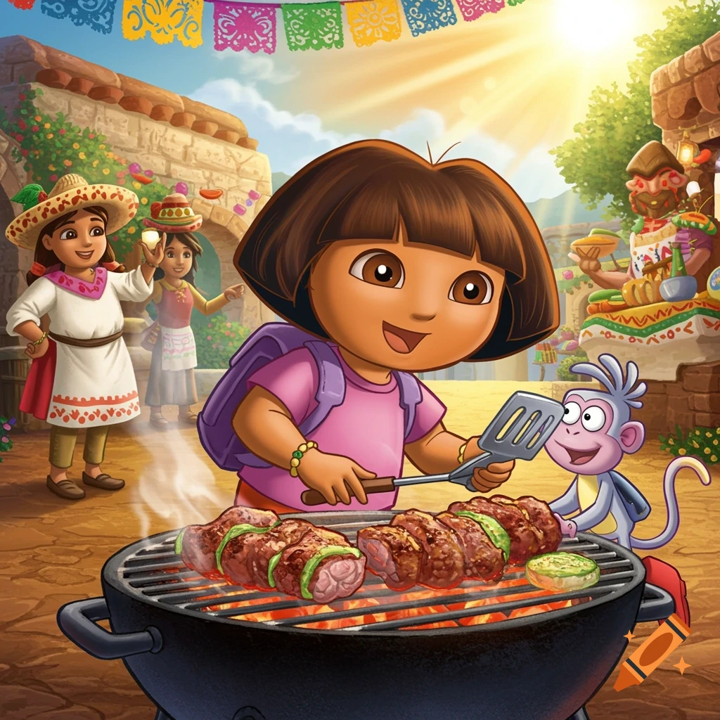 Dora the Explorer looks up at a female masked luchador flexing her ...