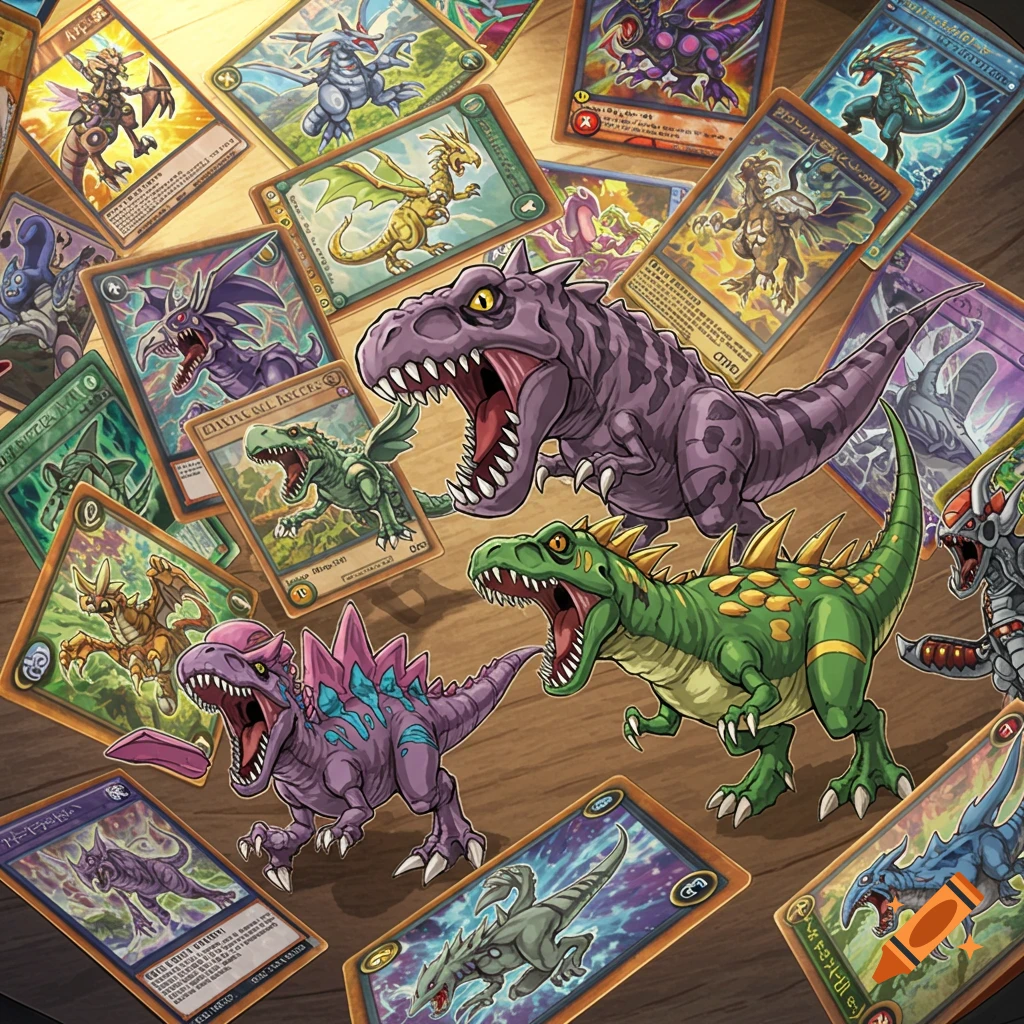 A person's hands open a holographic pack, revealing a cartoon monster trading card. Other cards ...