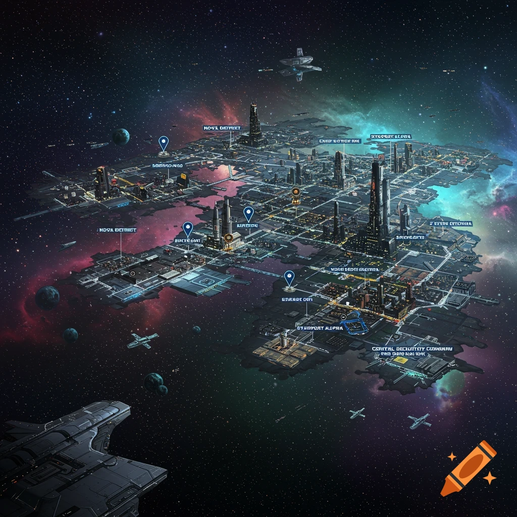 Futuristic city map in space with labeled locations on Craiyon