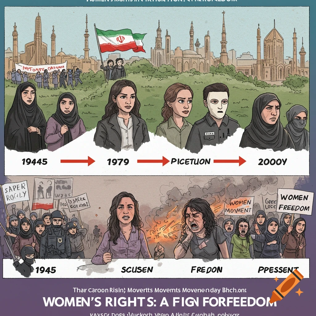 Political cartoon about women's rights in Iran, 1945-present on Craiyon