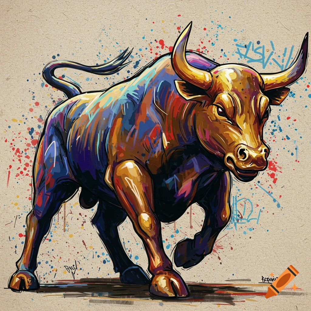 A colorful, expressive illustration of a charging bull in a splatter ...