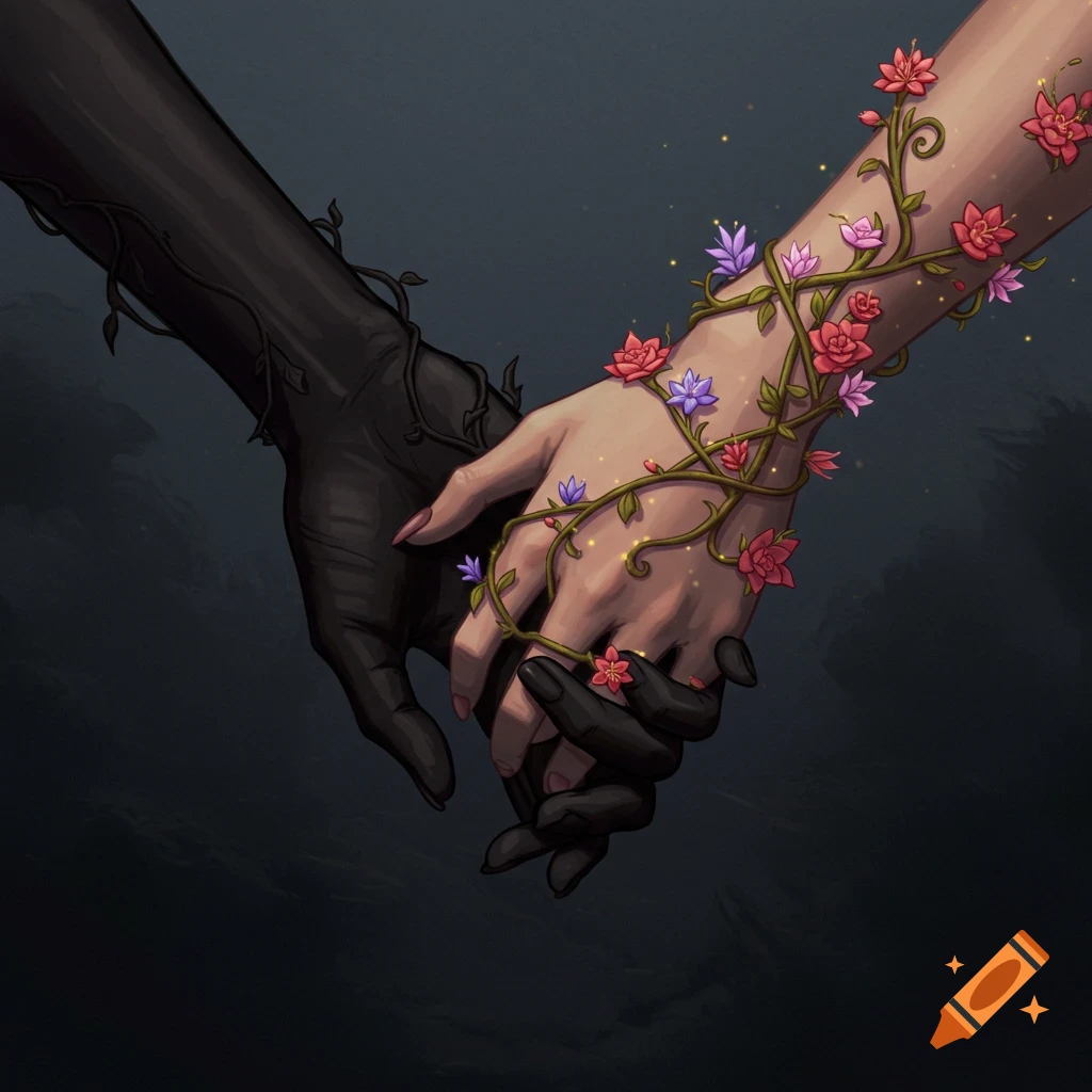 Two hands hold each other. One hand appears dark and shadowy, while the ...