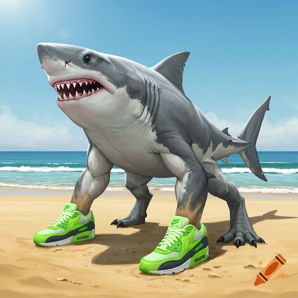 A great white shark with human legs and white sneakers stands on a beach at sunset. on Craiyon