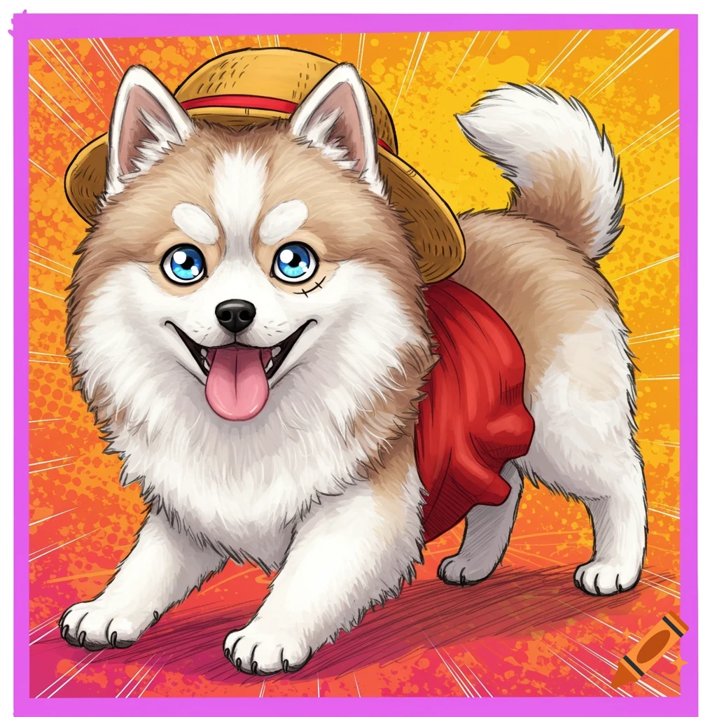 Pomsky dressed as Luffy from One Piece on Craiyon