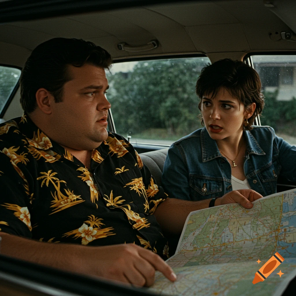 1984 movie scene with two people in a car arguing over a map on Craiyon