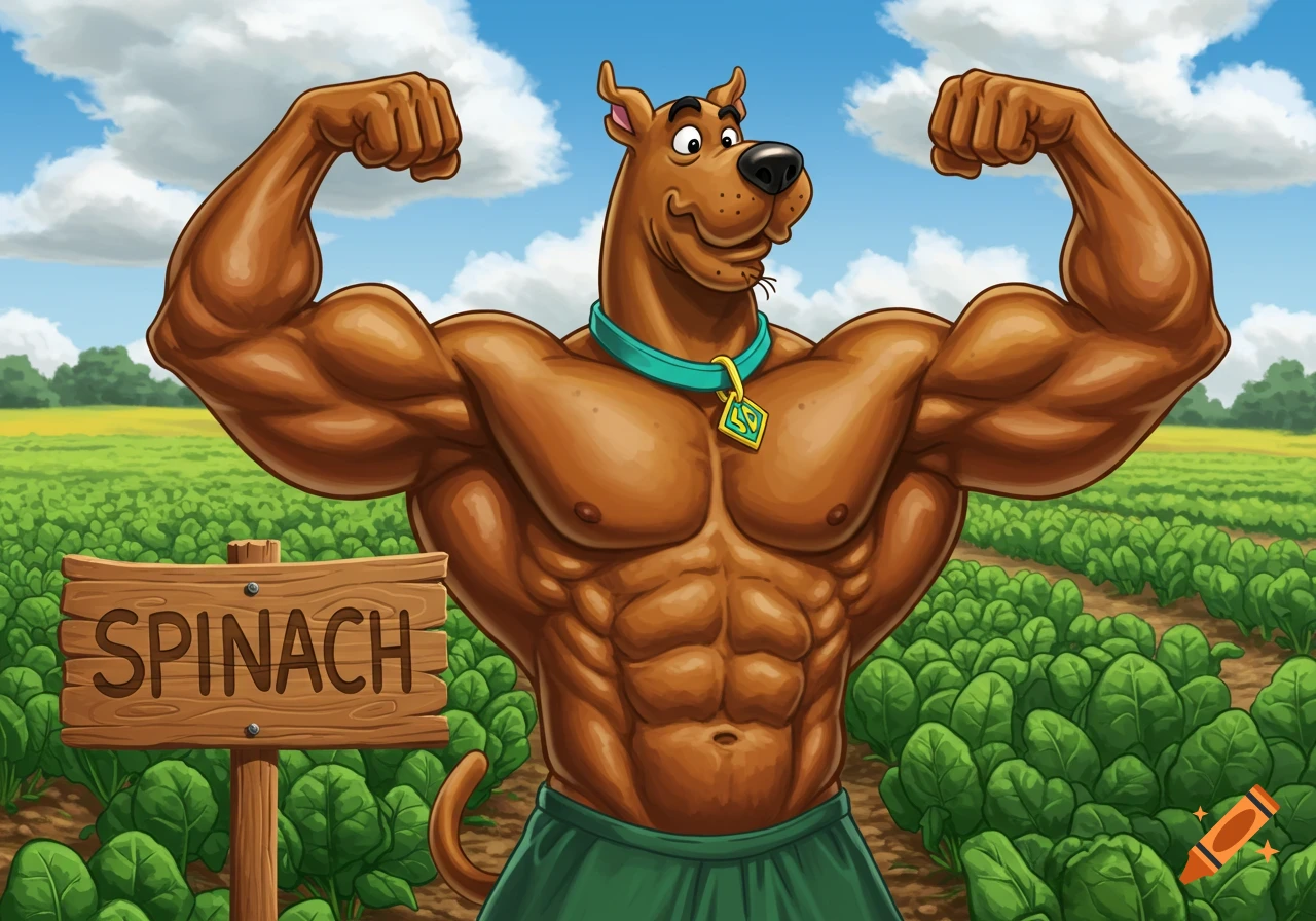 Muscular Scooby Doo flexing in a spinach field on Craiyon