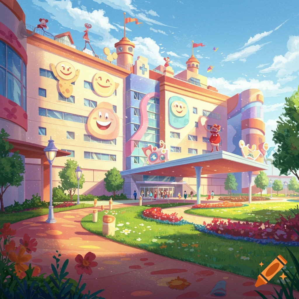 Vibrant, whimsical illustration of a children's hospital with cartoon ...