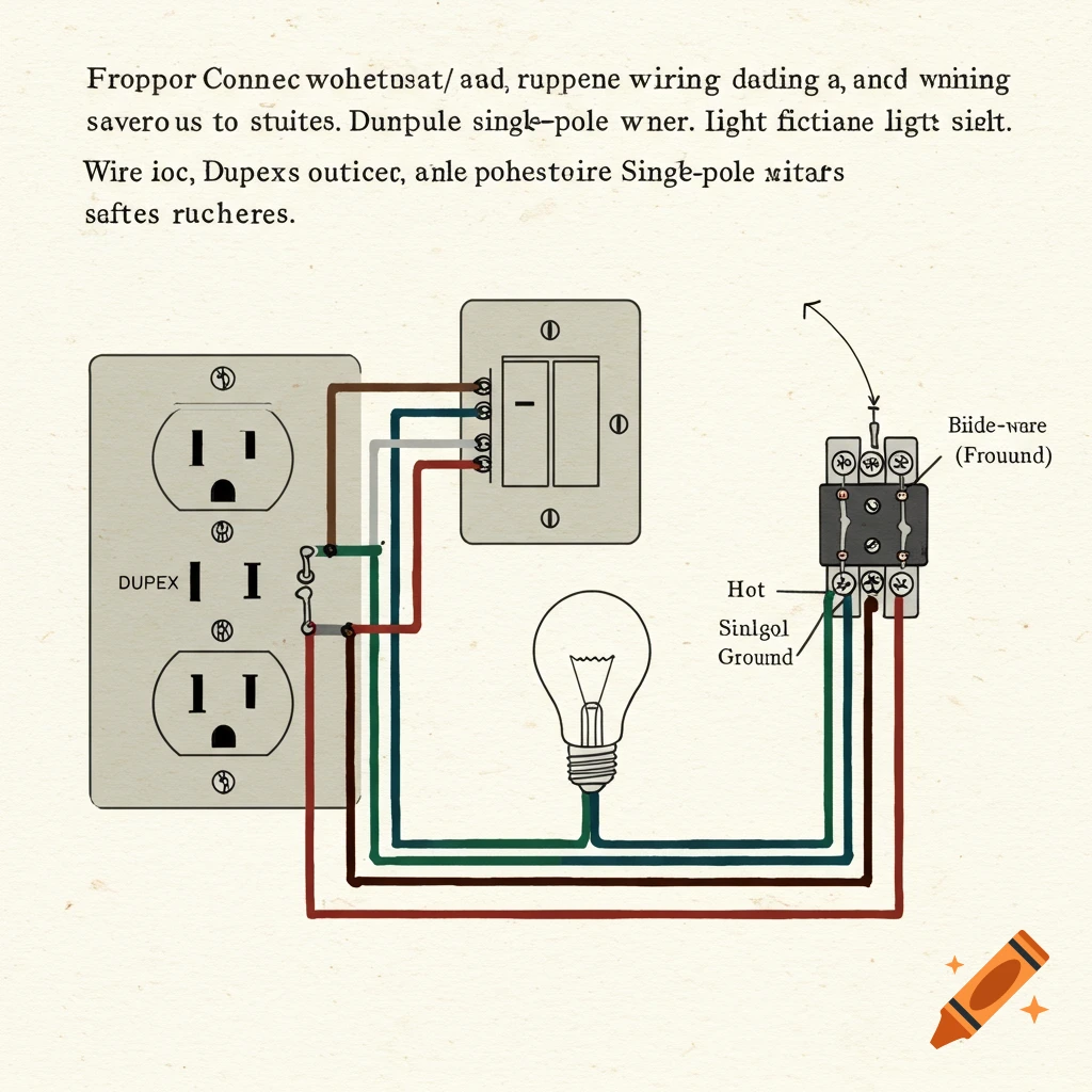 Wiring diagram for duplex outlet, switch, and light on Craiyon