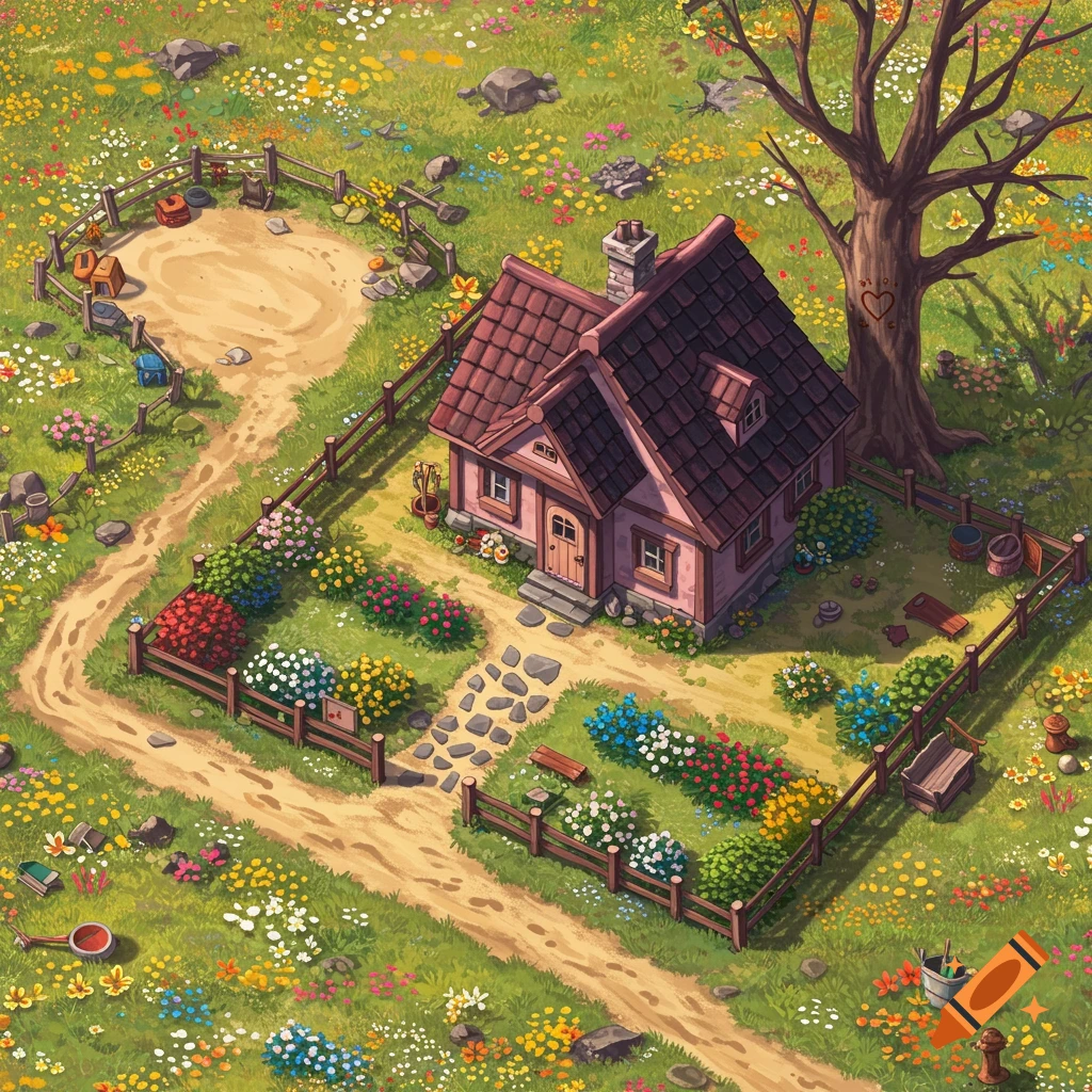 Top-down view of a cottage, garden, path, flower field, and large tree ...