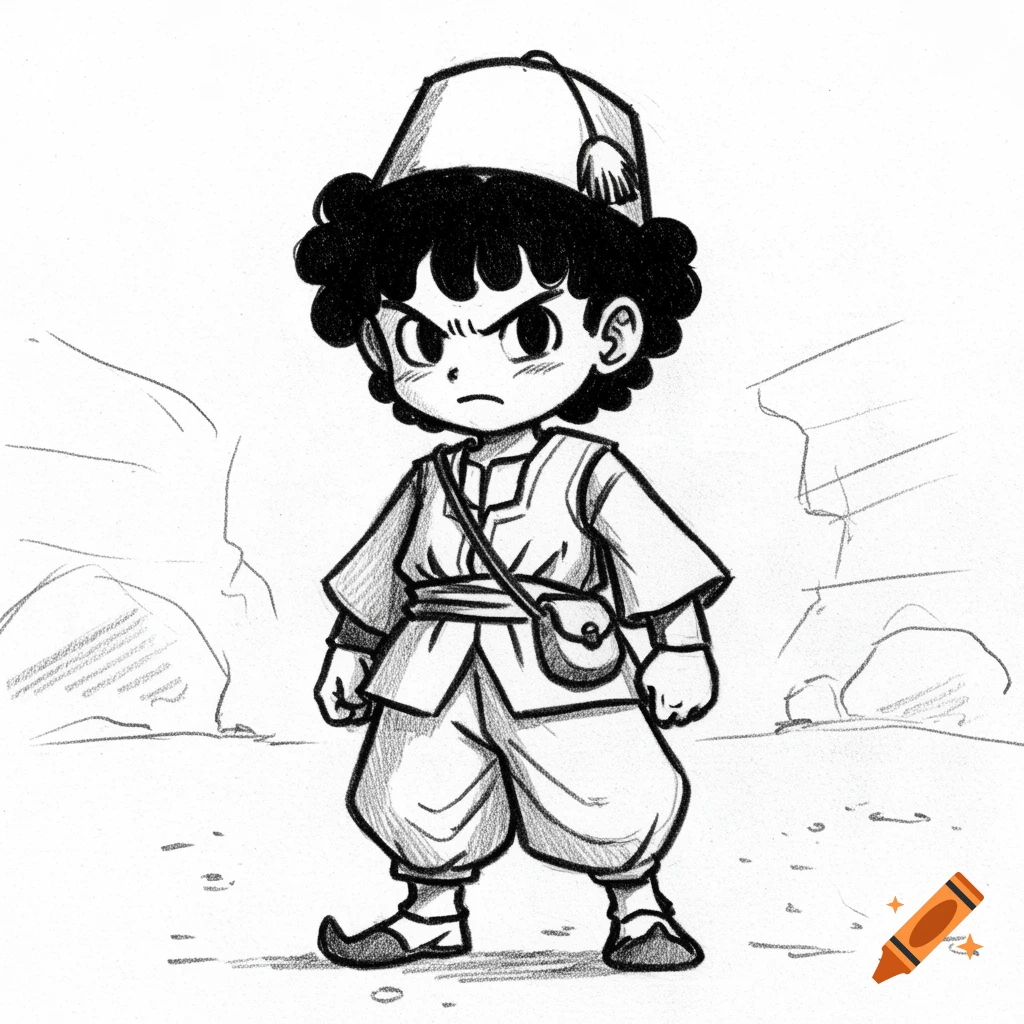 Dragon Quest style pencil sketch of a Middle Eastern boy with curly ...
