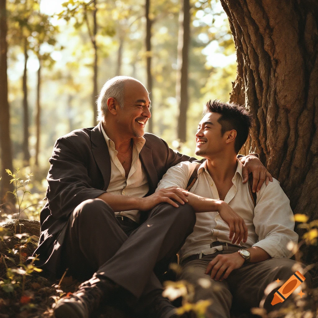 Mr. Miyagi and Daniel San sitting in a sunny forest on Craiyon