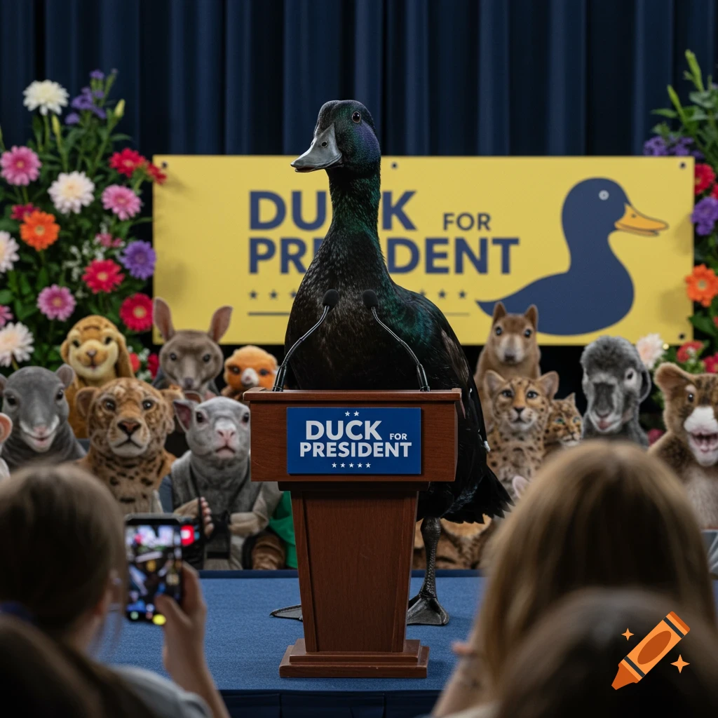 A black duck stands at a podium giving a speech to an audience of ...