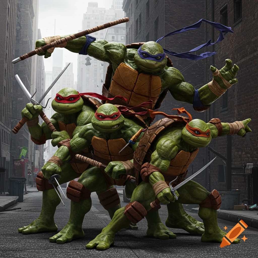 Teenage Mutant Ninja Turtles fighting monsters in New York City on Craiyon