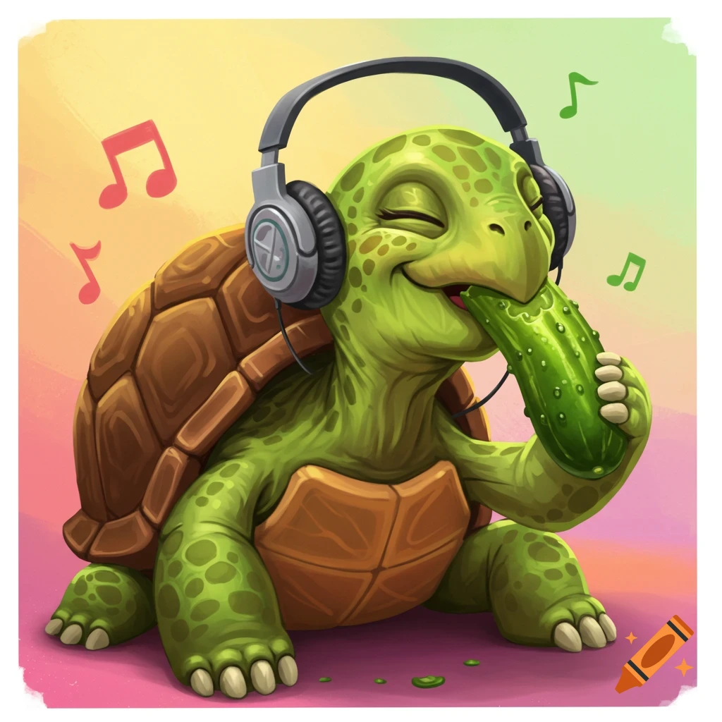 A cartoon turtle wearing headphones and eating a pickle with musical ...